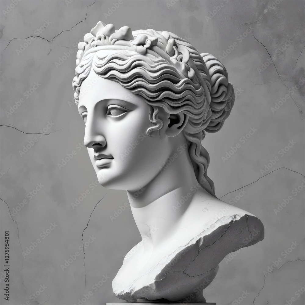 Elegant mockup featuring an ancient white Venus bust statue on a grey ...