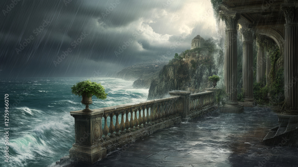 Hotel terrace empty view with stormy sea and rain. Summer vector bad ...