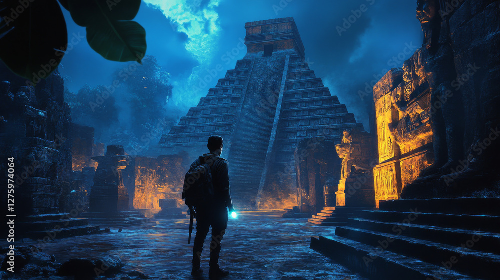 Traveler at night Aztec city with pyramids and statues. Tourist visit ...