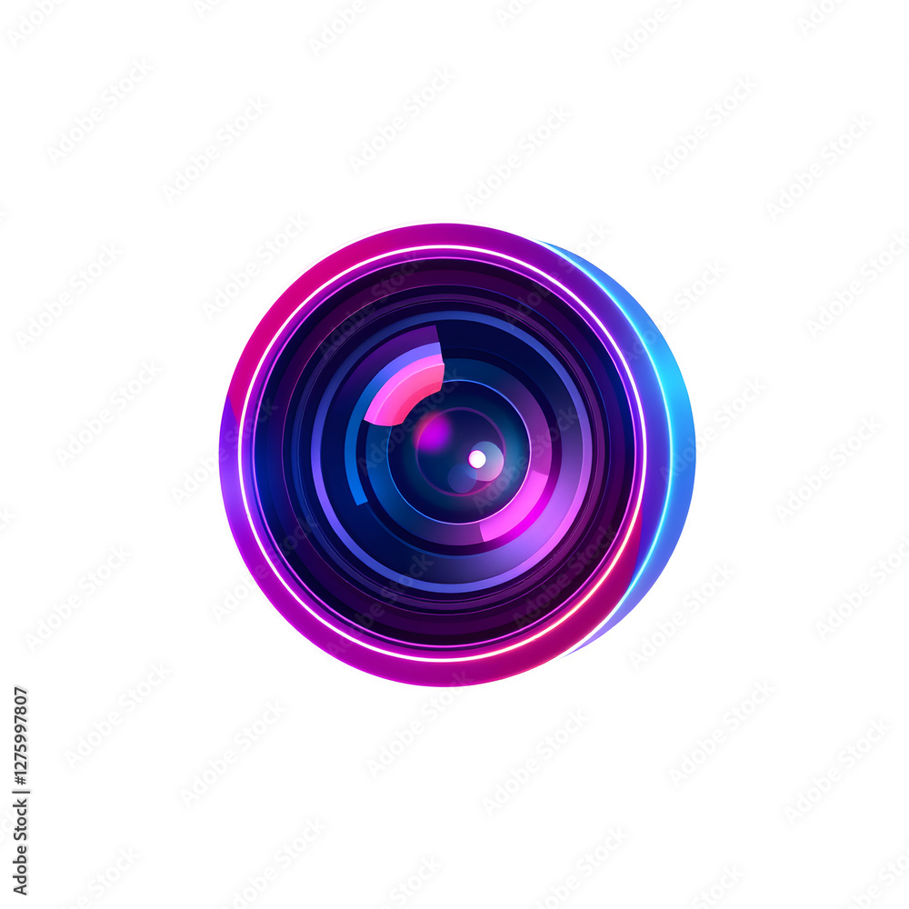 Camera lens holographic 3D icon. neon symbol vector illustration ...