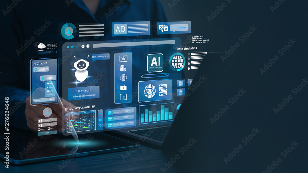 Foto de Stock AI agent and generative artificial intelligence concept. Businessman using AI ...