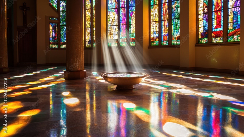 sunlit church interior with stained glass windows and baptismal Stock ...