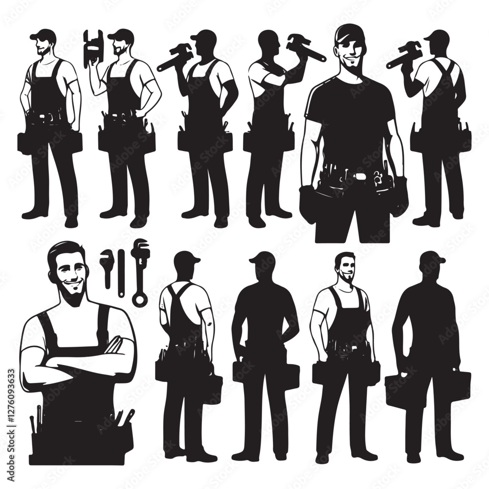 Handyman, repair worker, and plumber in uniform vector illustration ...