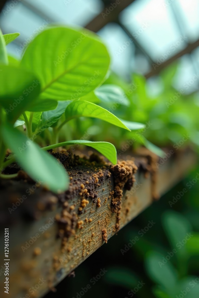Fungal growth on the underside of a greenhouse shelf, plant, infection ...