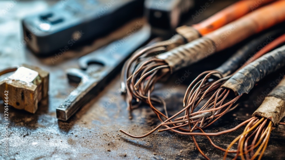 Damaged cables draped over a workbench with visible cracks and frayed ...