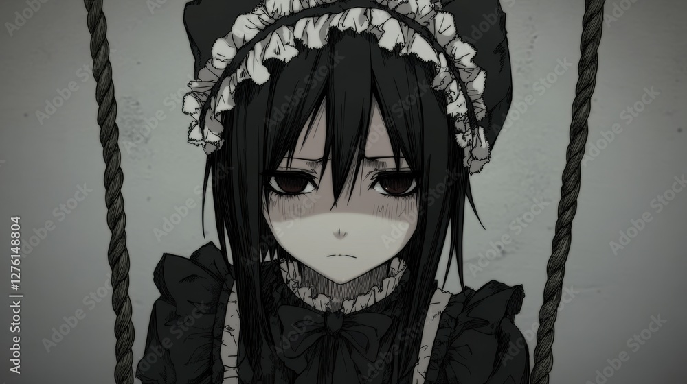 Distressed Anime Girl in Gothic Maid Outfit with Rope and Pixelated ...