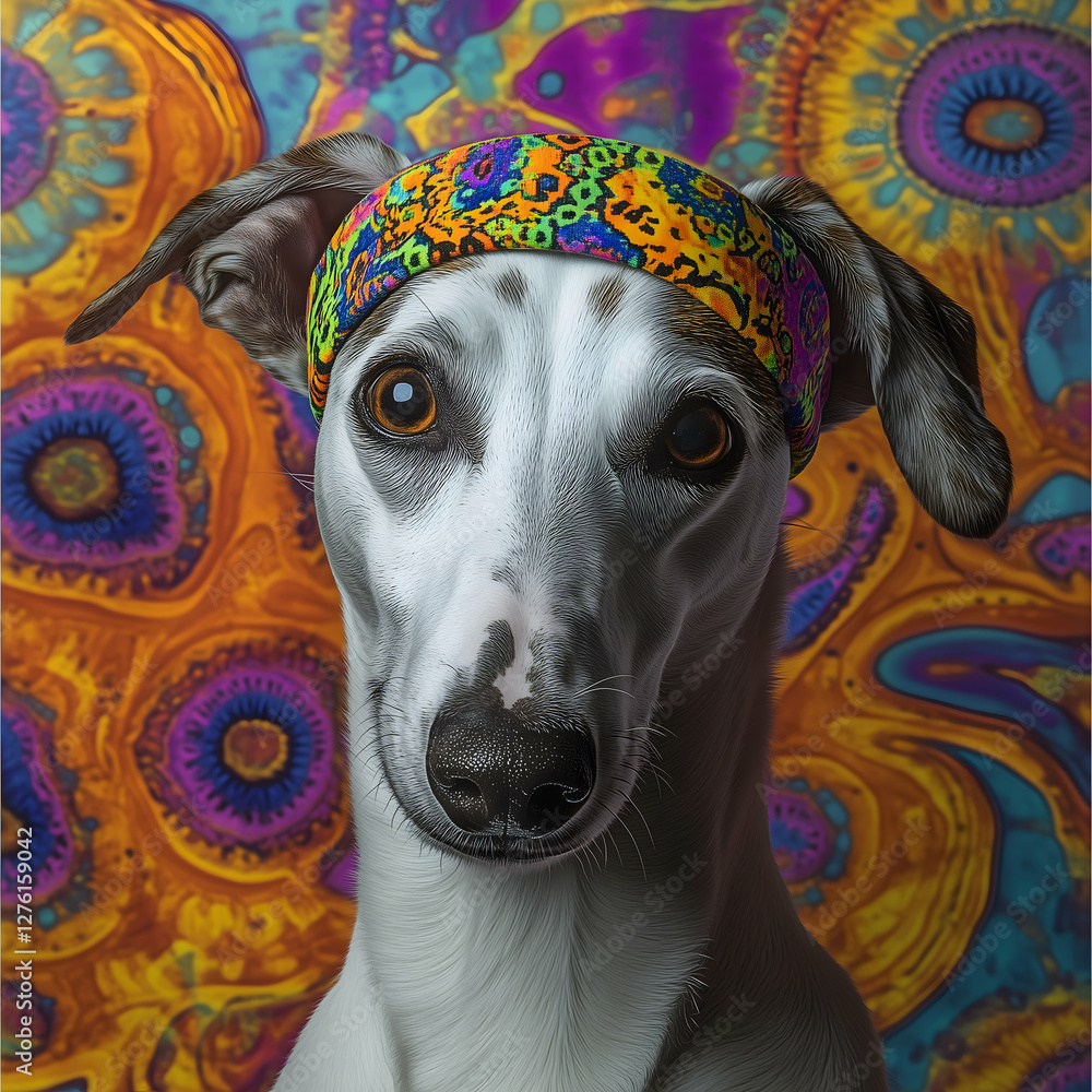 Whimsical dog portrait with vibrant psychedelic background showcasing ...