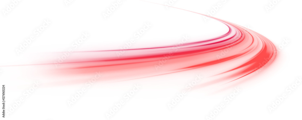 Glowing neon light trail element. Bright red-orange speed line wave ...