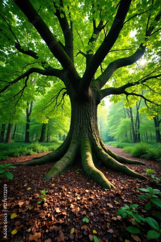 Towering oak tree roots spread wide across forest floor, wood, earthy ...