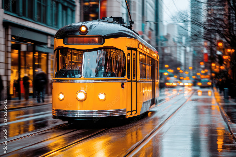 Vintage 1950s tram on rainy city street - minimalist urban scene for ...