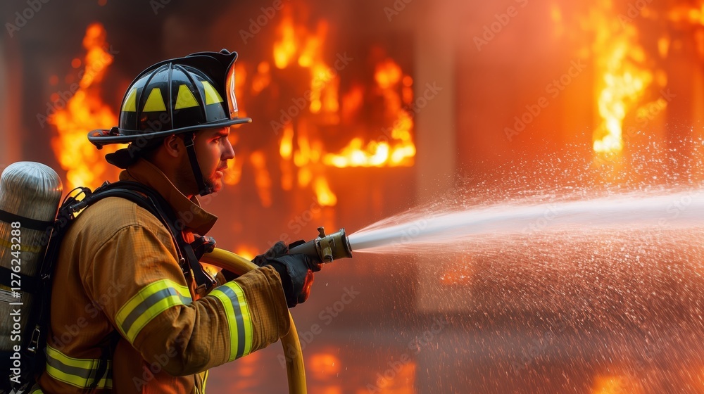 Brave firefighter battling fierce flames in a dramatic scene of fire ...