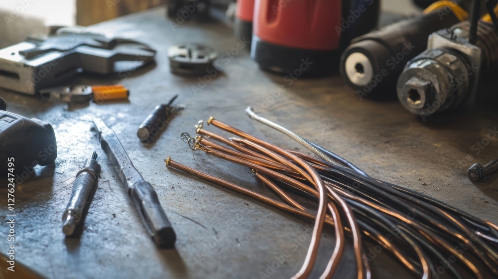 Damaged cables on a workbench in an industrial setting. Featuring ...