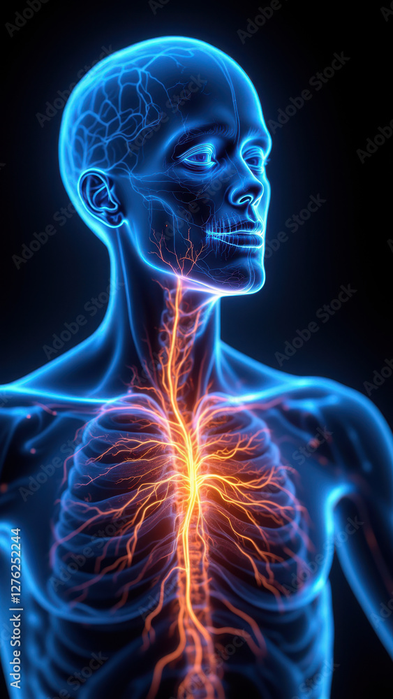 Illustration of a human head with exposed nerves and anatomical ...