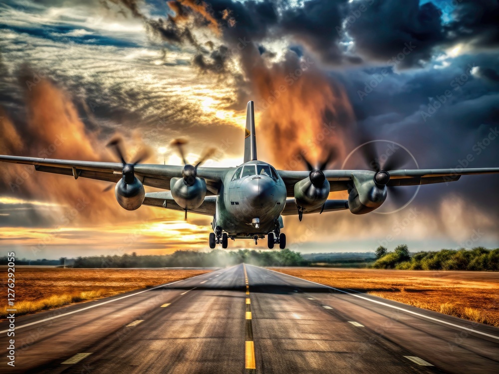 Illustration Stock C-130 Hercules Airplane Takeoff, Military Transport ...