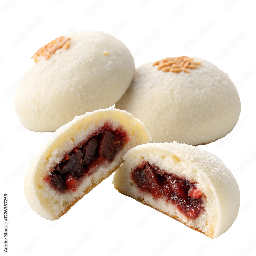 Sweet rice cakes filled with red bean paste, sliced to show the inside ...