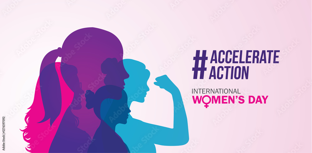 Accelerate action - International women's day concept poster. Woman sign illustration background ...