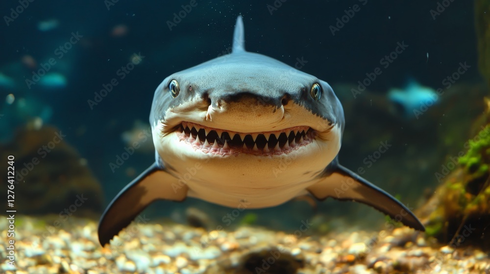 A shark giving a toothy, awkward smile, trying to look friendly but ...