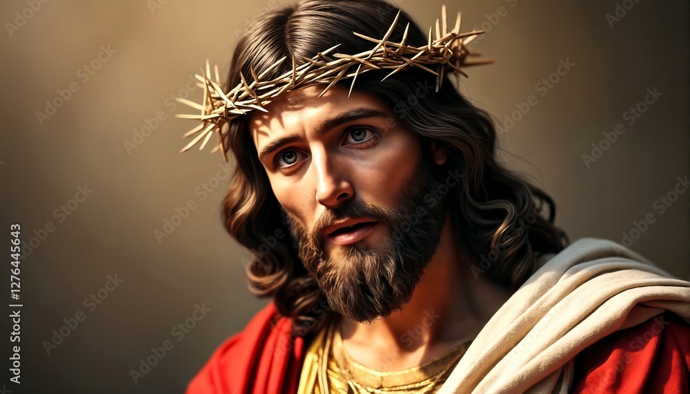 Jesus Christ wears a crown of thorns and stares solemnly into the ...