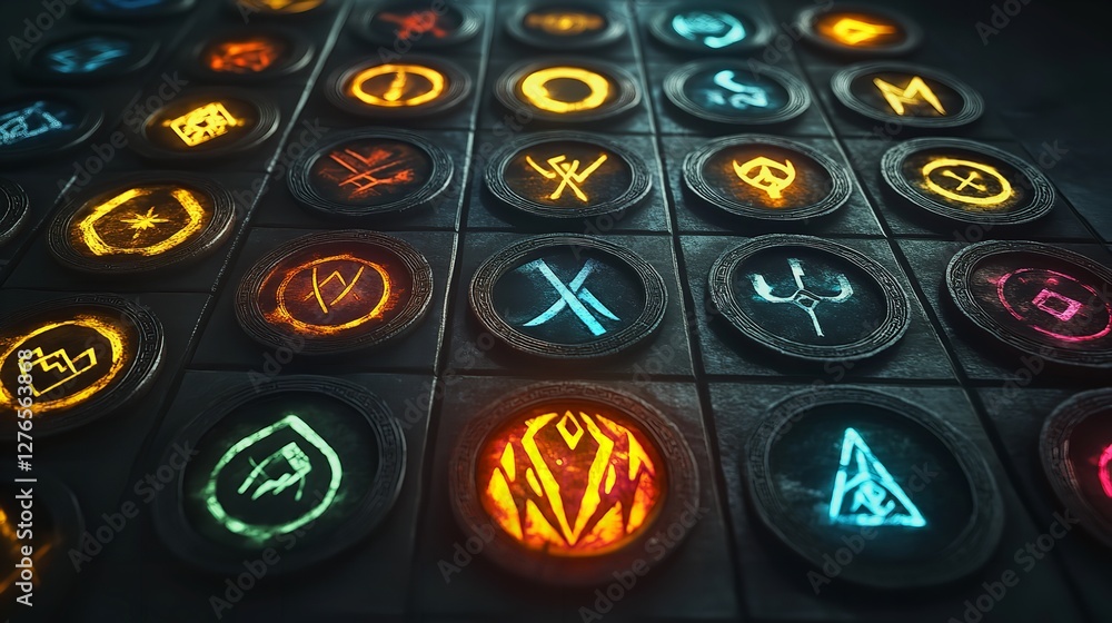 Glowing Mystic Rune Symbols Ancient Dark Metal Background Fantasy Game ...