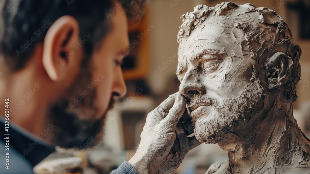 Skilled artisan carefully shaping clay sculpture of a male figure in an artist's studio ...