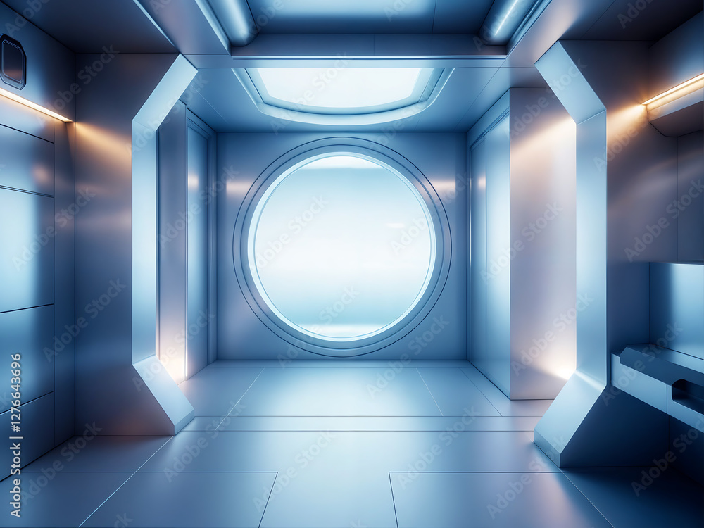 A futuristic high-tech room with a circular window, glowing LED lights ...