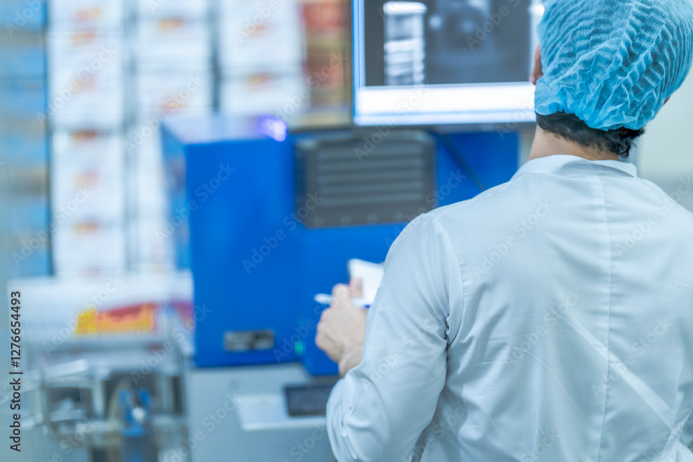 A factory worker inspects product packaging with a computerized ...