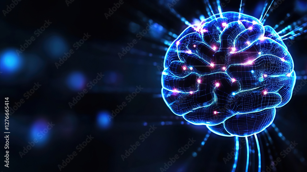 AI-powered quantum combines artificial intelligence with quantum computing. 3D Visualization of ...