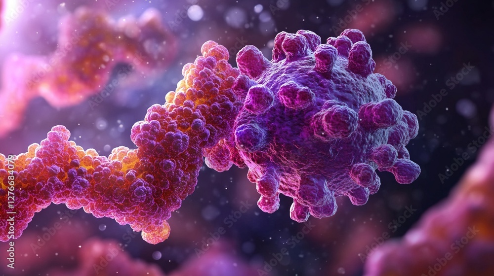 Microscopic visualization of cancer cells in vibrant pink and purple ...