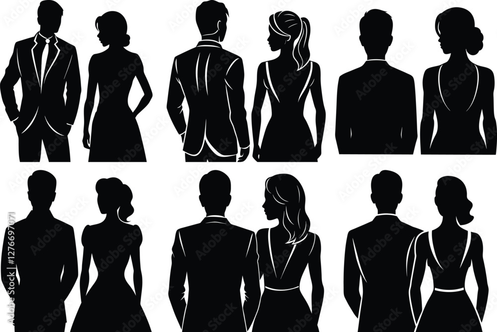 Silhouette Couples back view set, drawing group people silhouette Stock ...