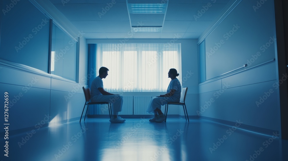 Hospital discharge conversation between a nurse and patient in a clean ...
