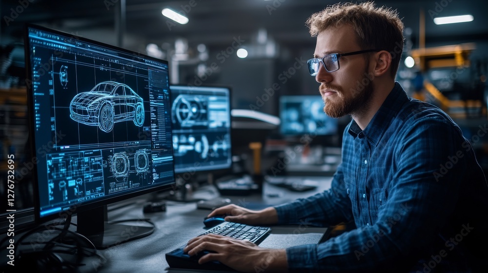 The chief automotive engineer, a male, sits at his desk, using a ...