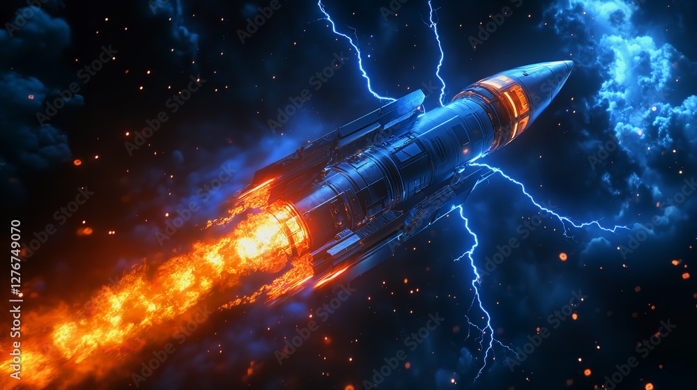 Fiery Rocket Launch Dramatic Space Flight Powerful Engine Thrust Blue ...