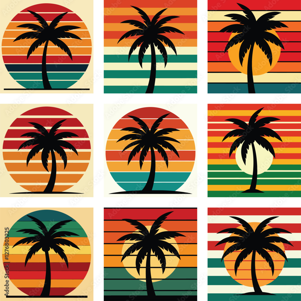 Retro Vintage Palm Tree Sunset, set of beach bundle, palm tree ...