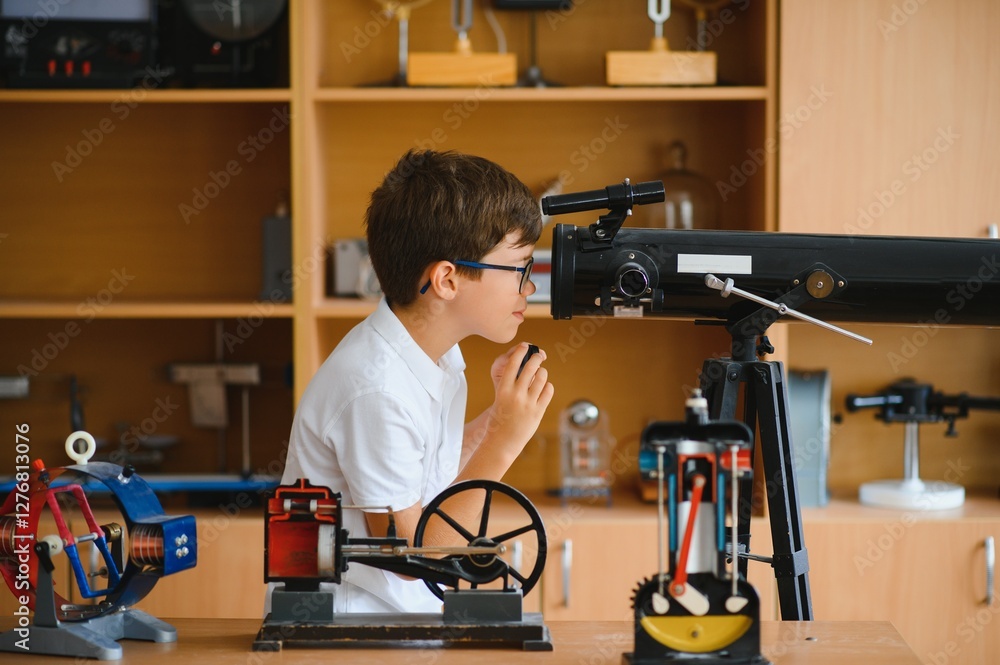 Physics lesson. A student at a desk with scientific instruments and a ...