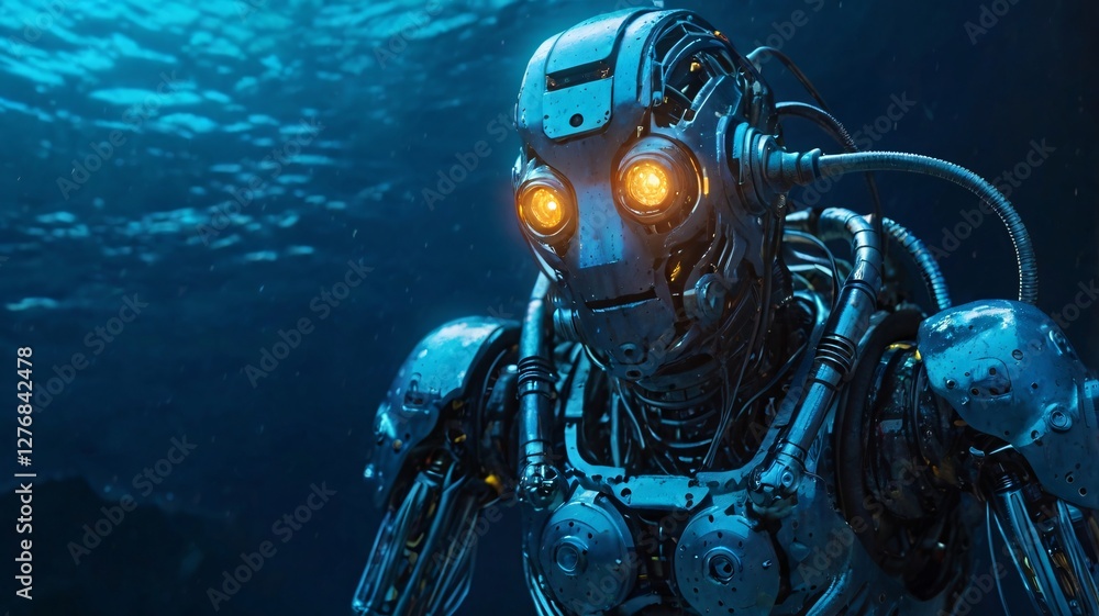 A humanoid robot diver exploring the deep ocean, glowing blue lights ...