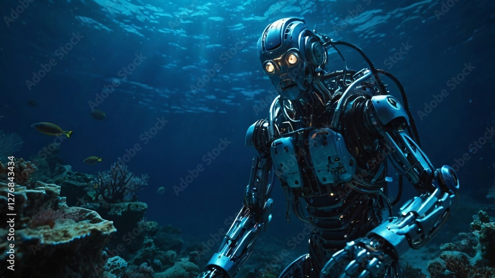 A humanoid robot diver exploring the deep ocean, glowing blue lights ...