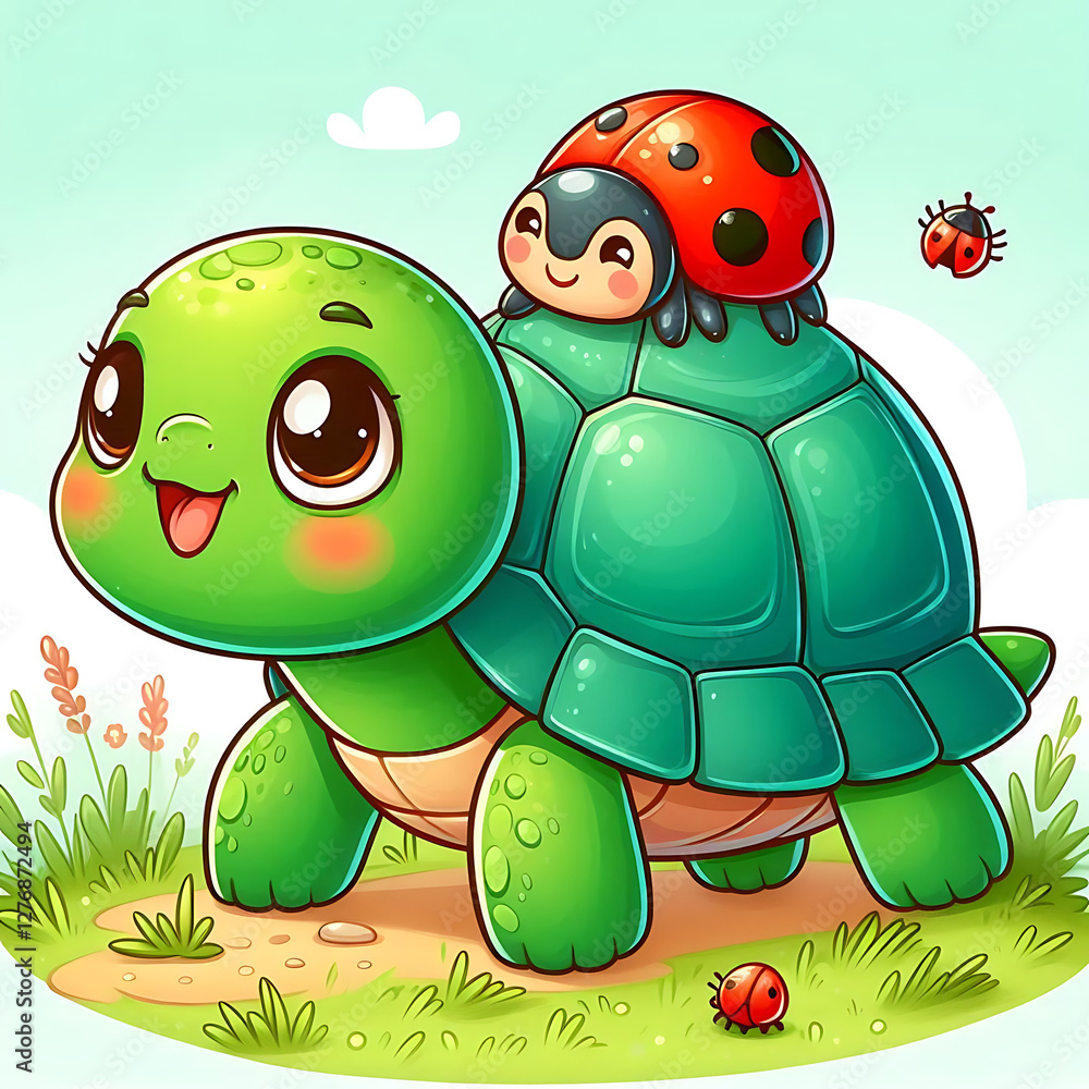 Colorful Illustration of Cute Animals: Green Turtle and Red Ladybug in ...
