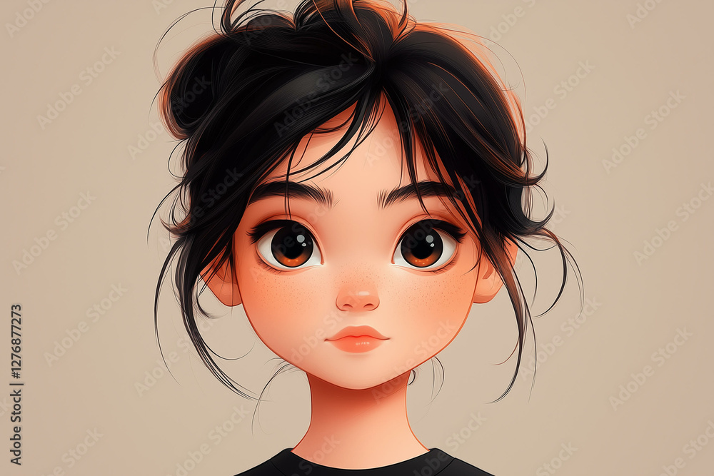 Little anime girl. Cartoon young asian child with baby face big eyes ...