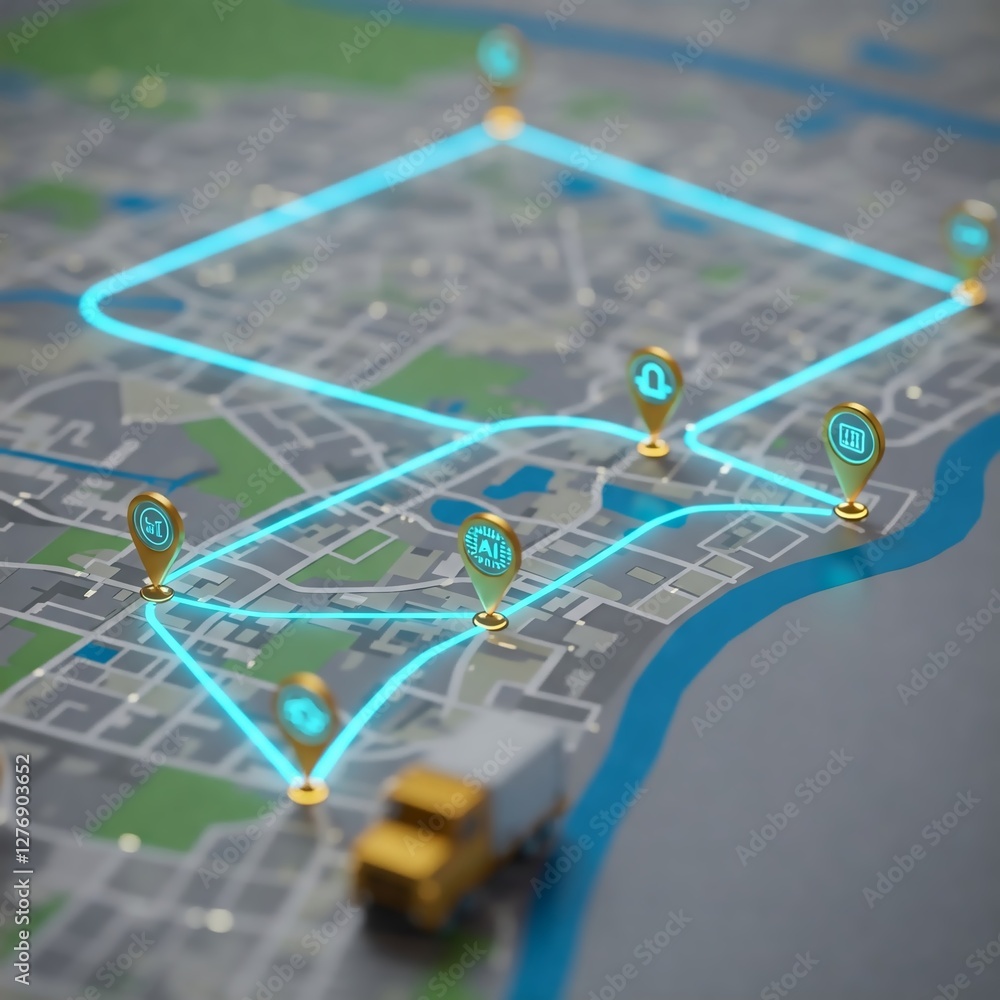 Digital map with AI-powered delivery routes and glowing tech pins ...