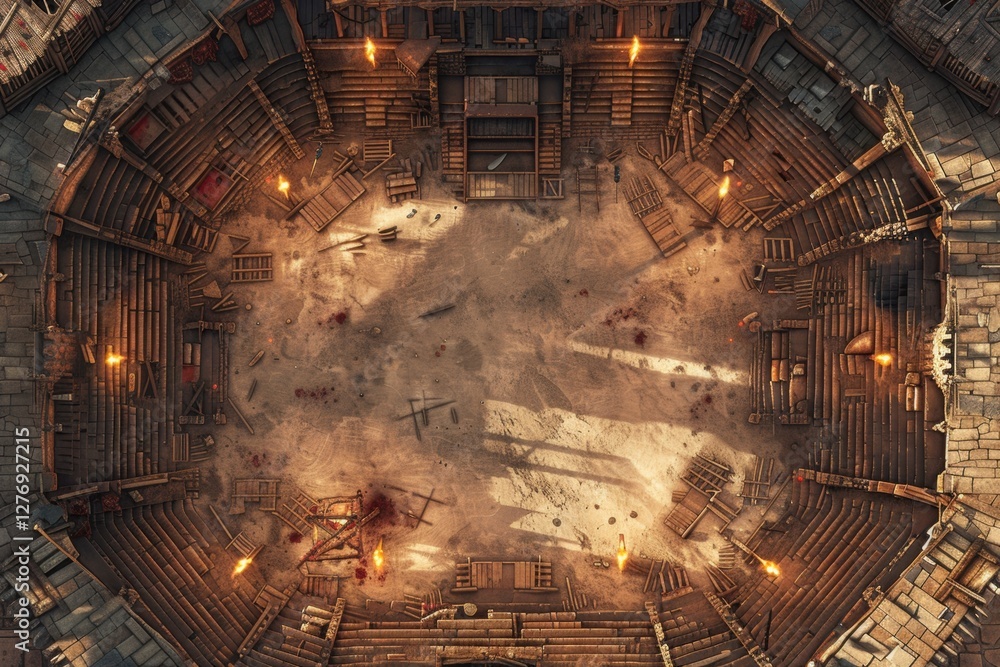 Ilustración de Stock Ancient battle arena with stone steps, burning ...