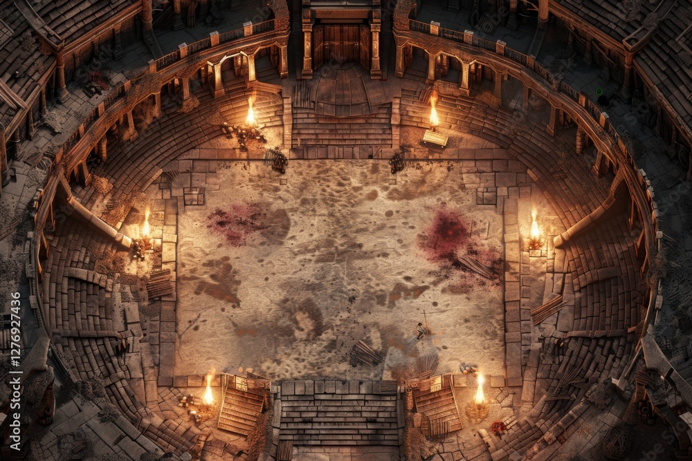 Ilustración de Stock Ancient battle arena with stone steps, burning ...
