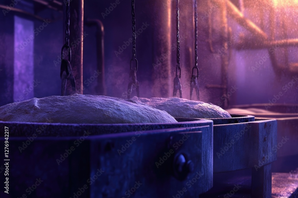 Industrial setting with large containers filled with steaming, powdery ...