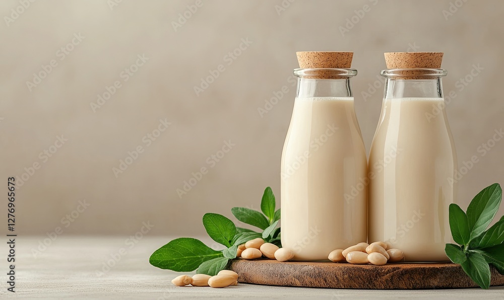 Explore various types of plant-based milk showcased in elegant glass ...