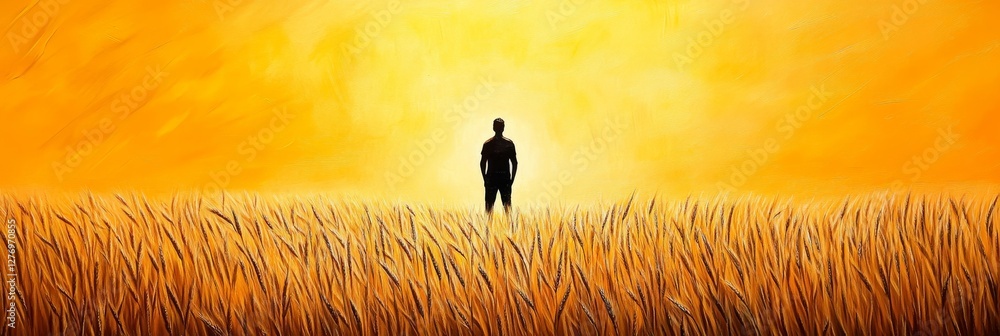 Golden Field Contemplation - A solitary figure stands amidst a sun ...