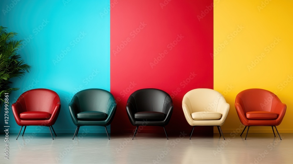 Showcasing five uniquely colored chairs against a bold split-color wall ...