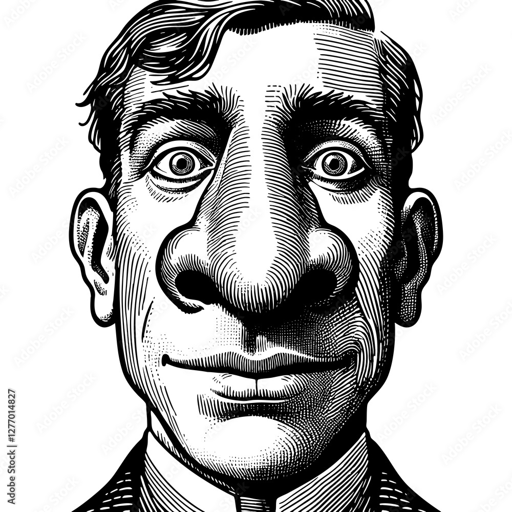 bearded man with an exaggerated large nose, styled in classic ...