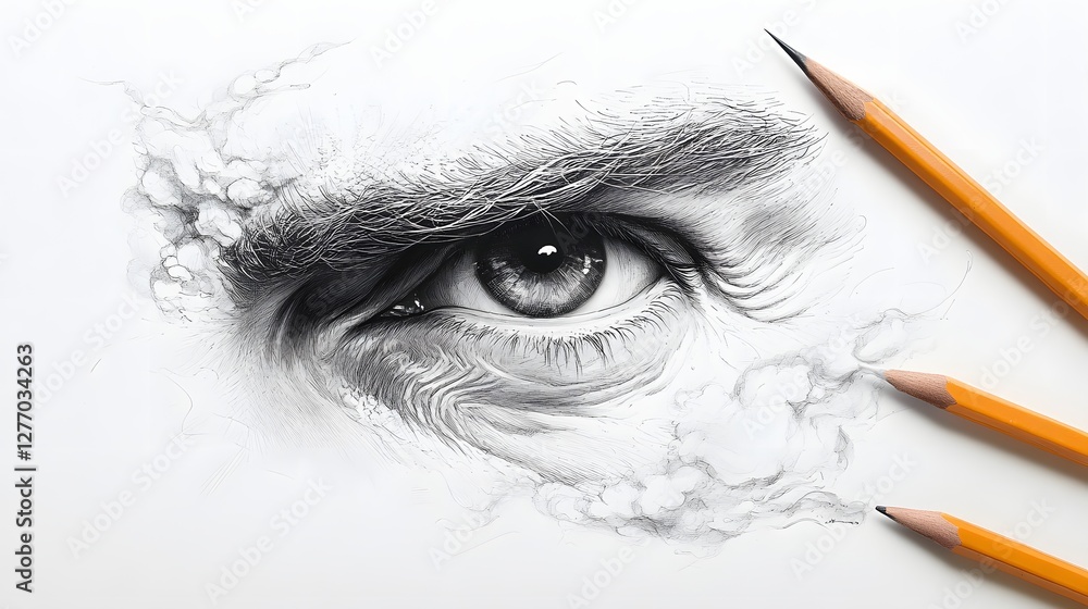 Detailed pencil drawing of human eye, eyebrows, and fine facial lines ...