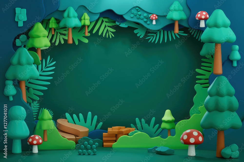 Colorful frame for kids with 3d forest objects, trees and mushrooms ...