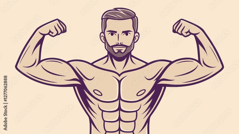 Stylized Digital Sketch of a Muscular Man with a Beard, Flexing His ...