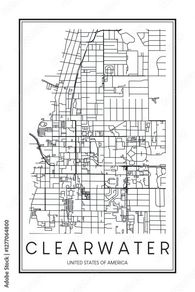 Printable downtown road map poster of the USA town of CLEARWATER on ...